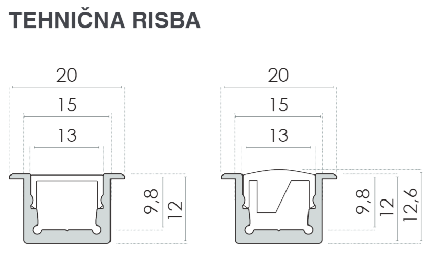 ALU profil BAR MIDI T, 20×12 mm za LED linije | vgradni ALU profil